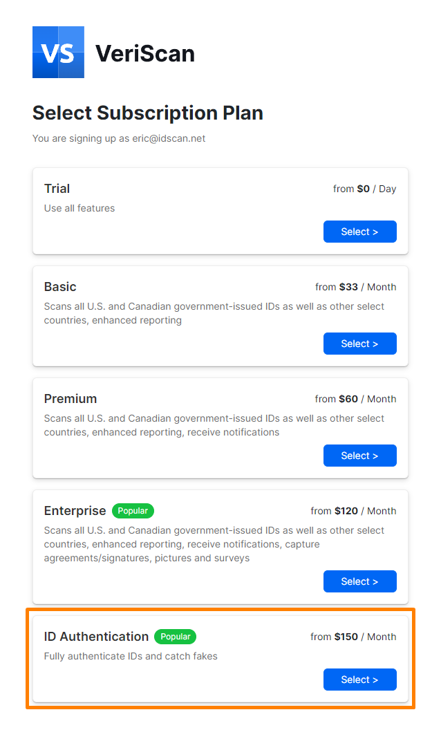 How do I subscribe to the ID Authentication plan?